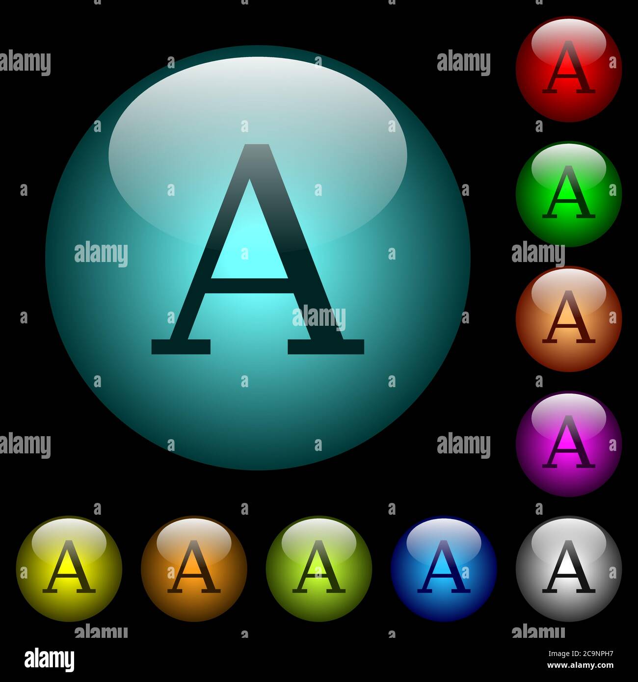 Character font icons in color illuminated spherical glass buttons on ...