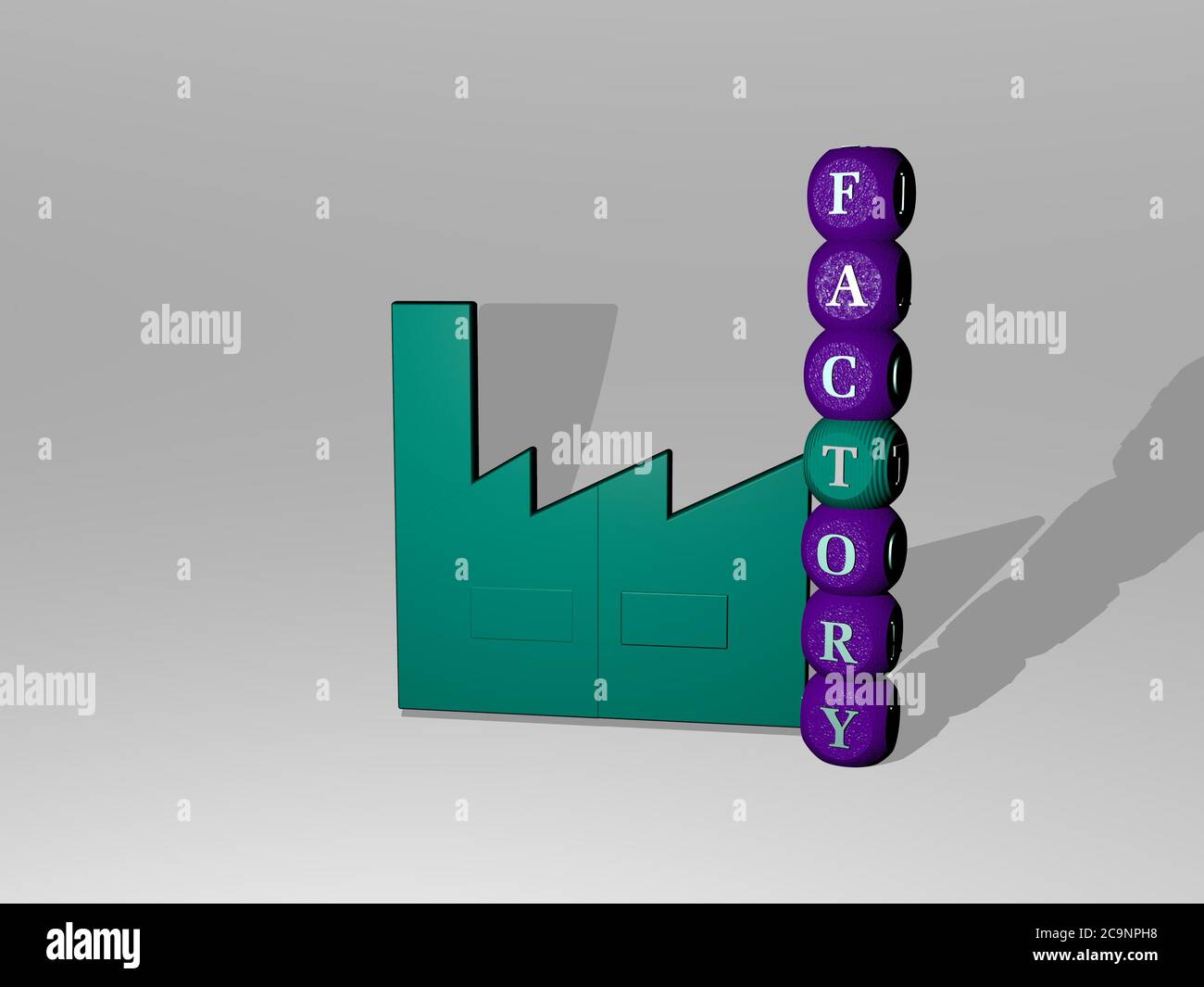 3D graphical image of FACTORY vertically along with text built around ...