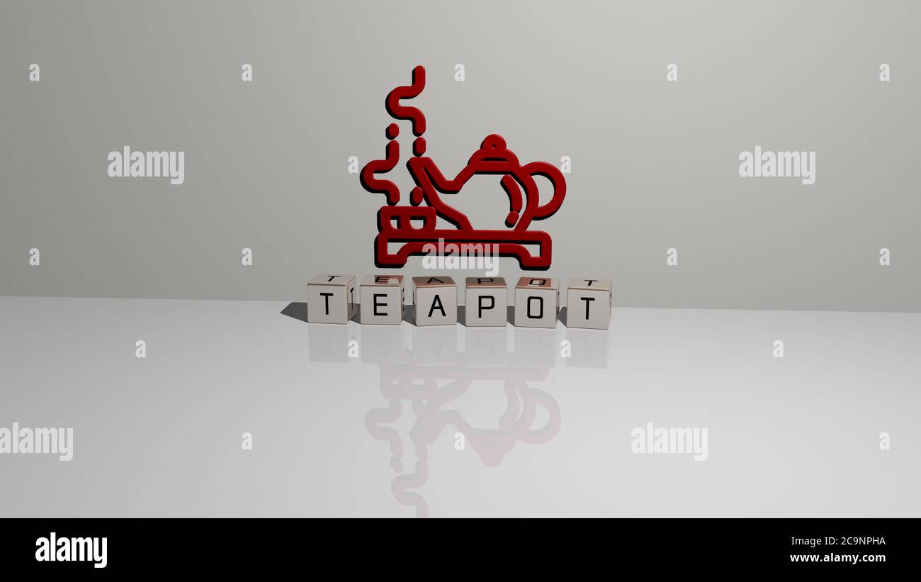 3D illustration of teapot graphics and text made by metallic dice ...