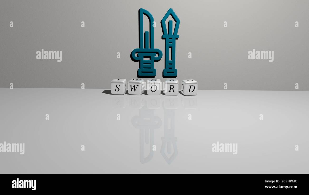 3D illustration of sword graphics and text made by metallic dice ...