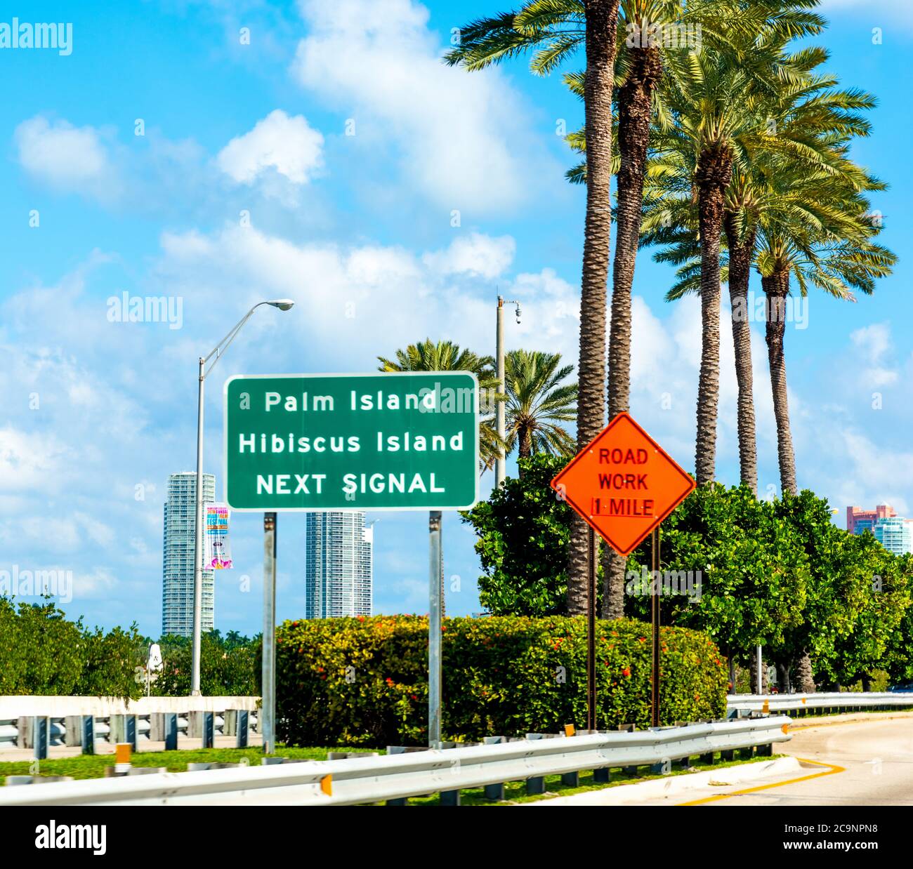 Palm Island and Hibiscus island road sign in Miami, USA Stock Photo - Alamy
