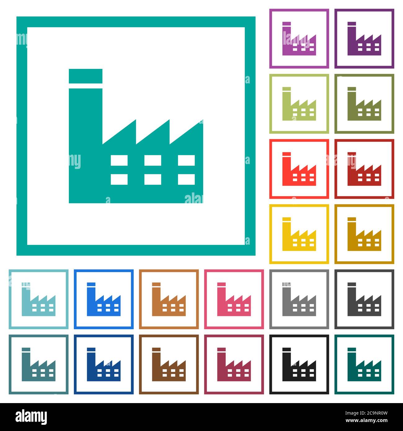 Factory Building Flat Color Icons With Quadrant Frames On White