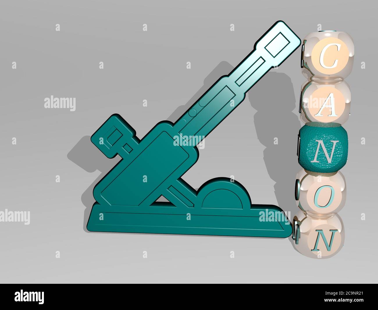3D representation of CANON with icon on the wall and text arranged by ...