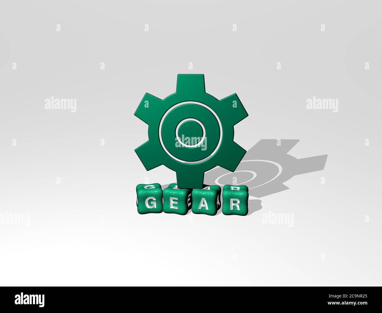 3D illustration of gear graphics and text made by metallic dice letters ...