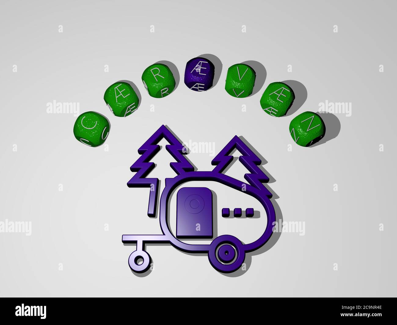 3D representation of caravan with icon on the wall and text arranged by ...