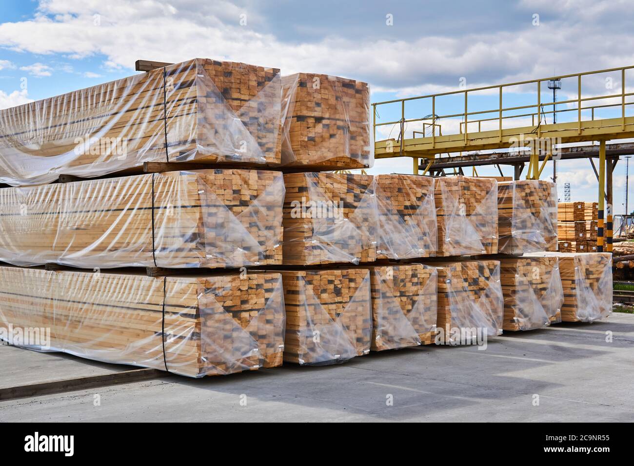 packaged freshly made boards in the yard of the woodworking production ...