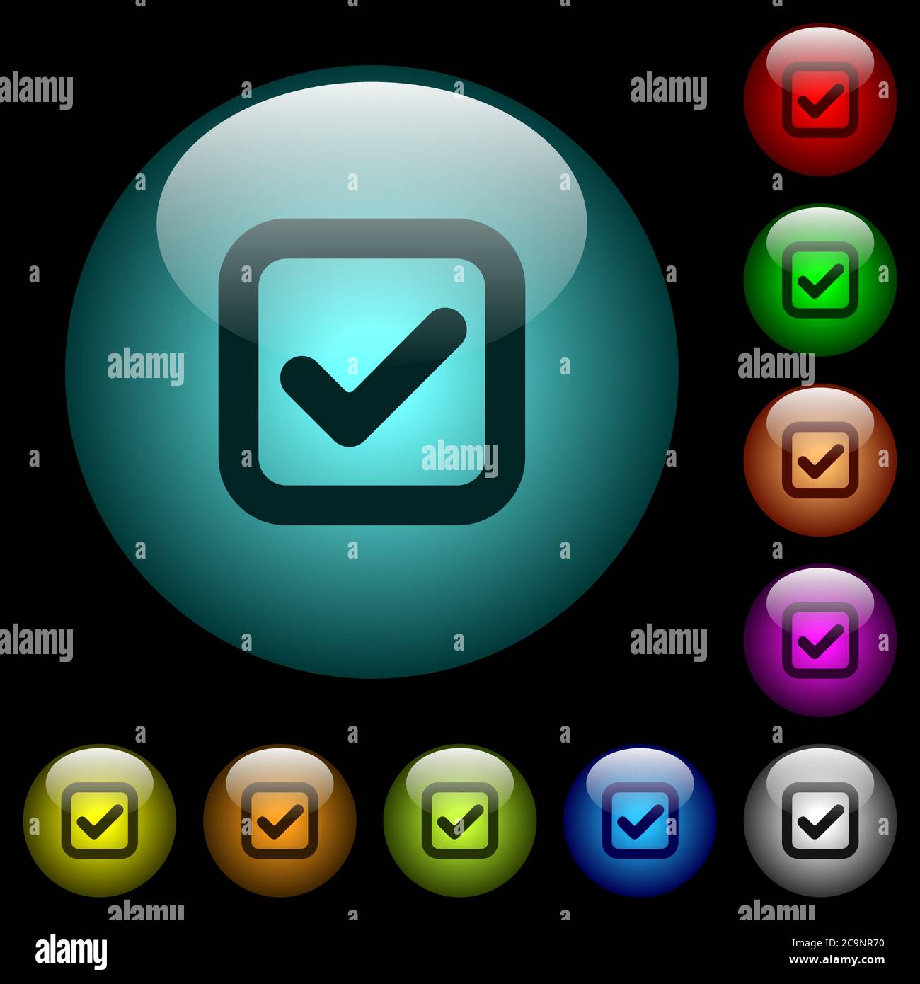 Checkbox icons in color illuminated spherical glass buttons on black ...
