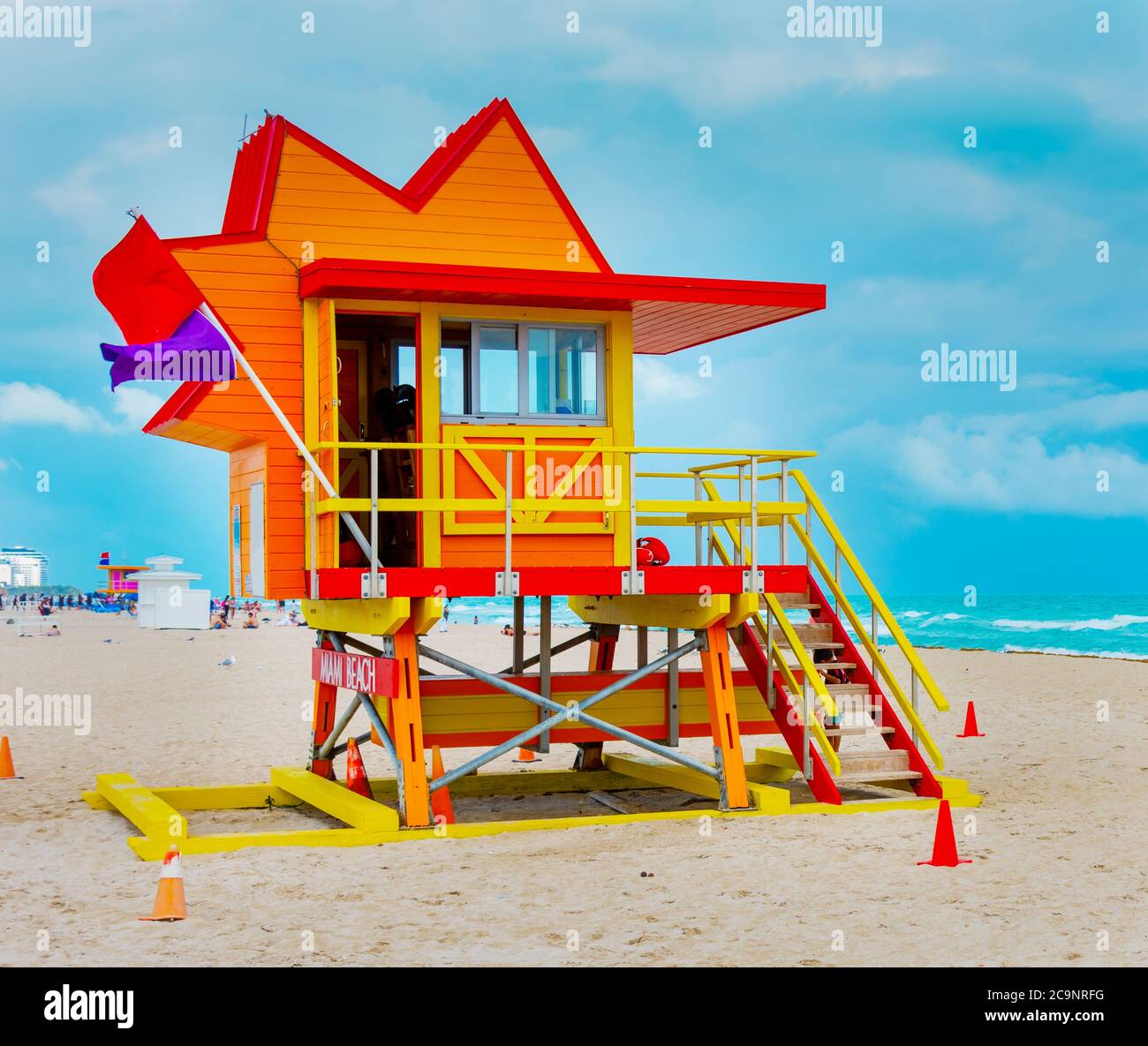 Red and orange lifeguard hut in Miami Beach on a cloudy day, USA Stock ...