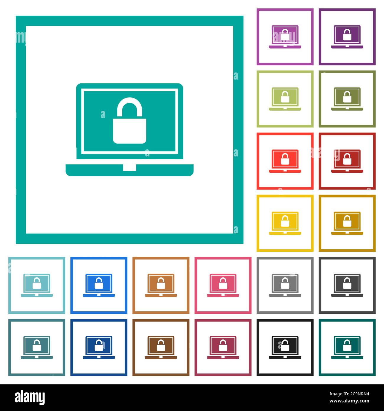 Locked laptop flat color icons with quadrant frames on white background ...