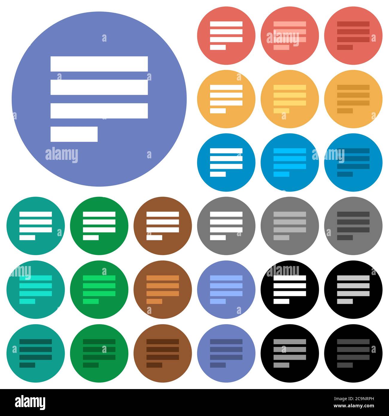 Text align justify last row left multi colored flat icons on round ...