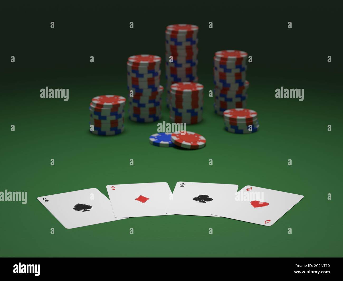 3D rendered concept illustration of four aces spread out on green felt ...