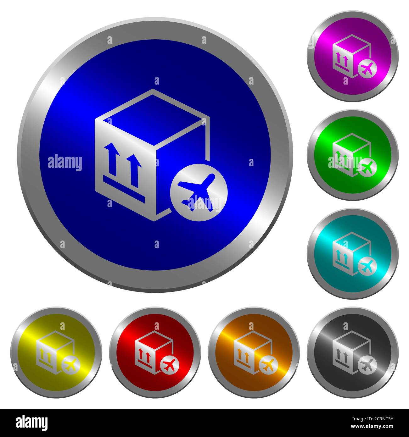 Air package transportation icons on round luminous coin-like color ...