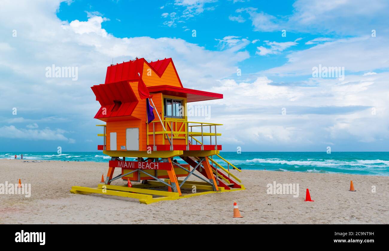 Red and orange lifeguard tower in Miami Beach, USA Stock Photo - Alamy