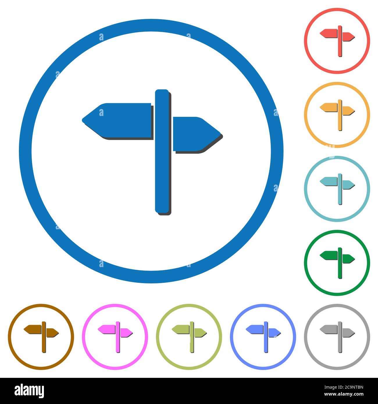 Signpost flat color vector icons with shadows in round outlines on ...