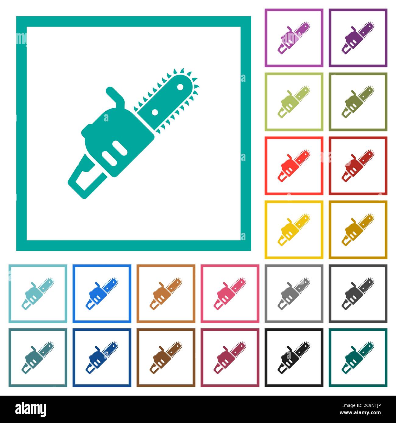 Chainsaw flat color icons with quadrant frames on white background ...