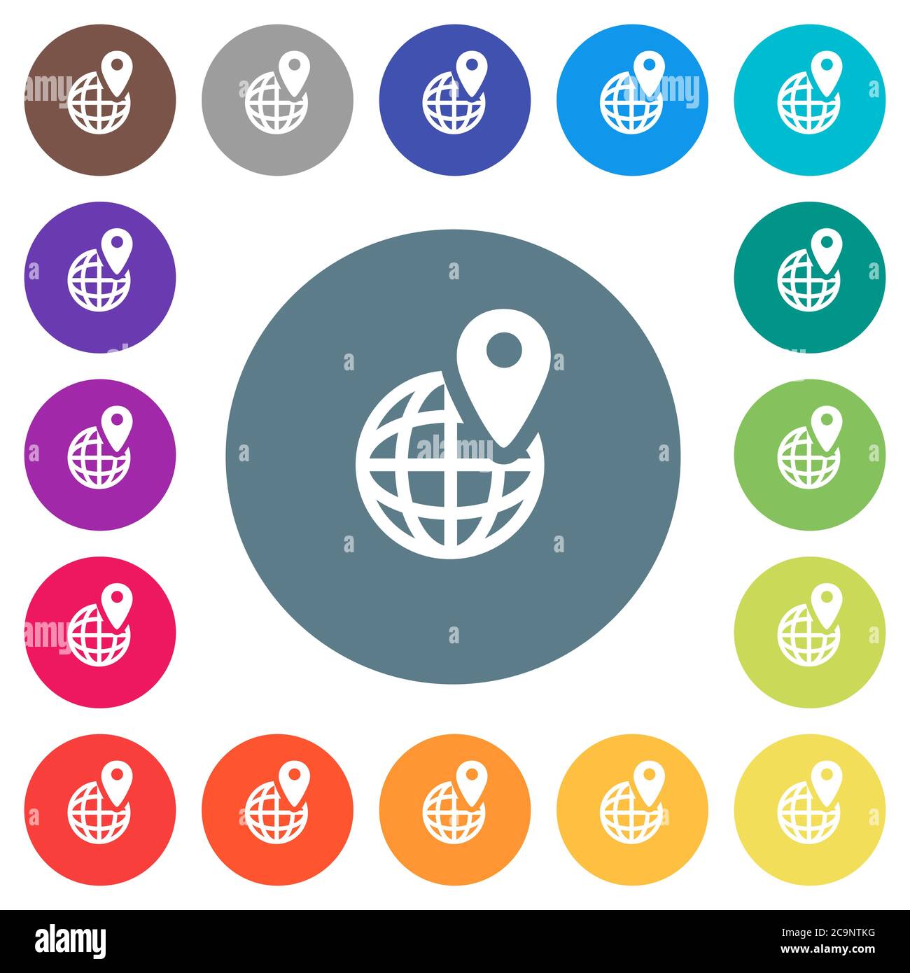 GPS location with globe symbol flat white icons on round color ...