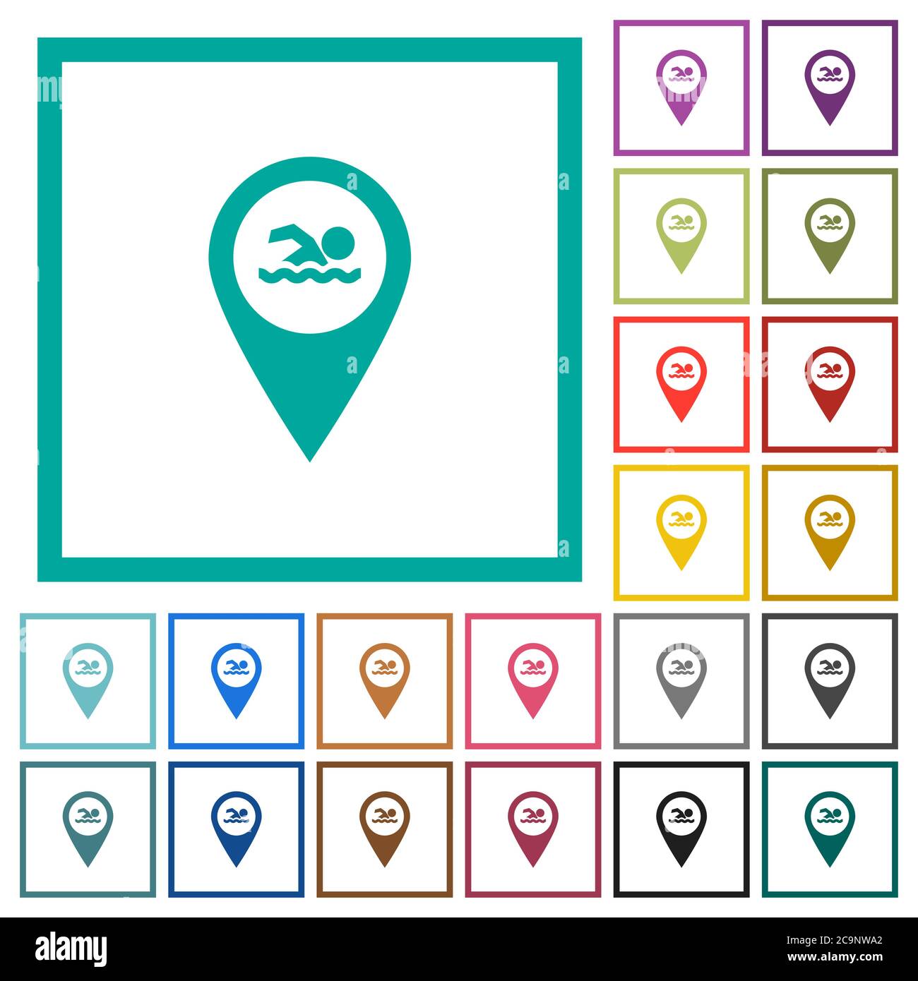 Swimming pool GPS map location flat color icons with quadrant frames on ...