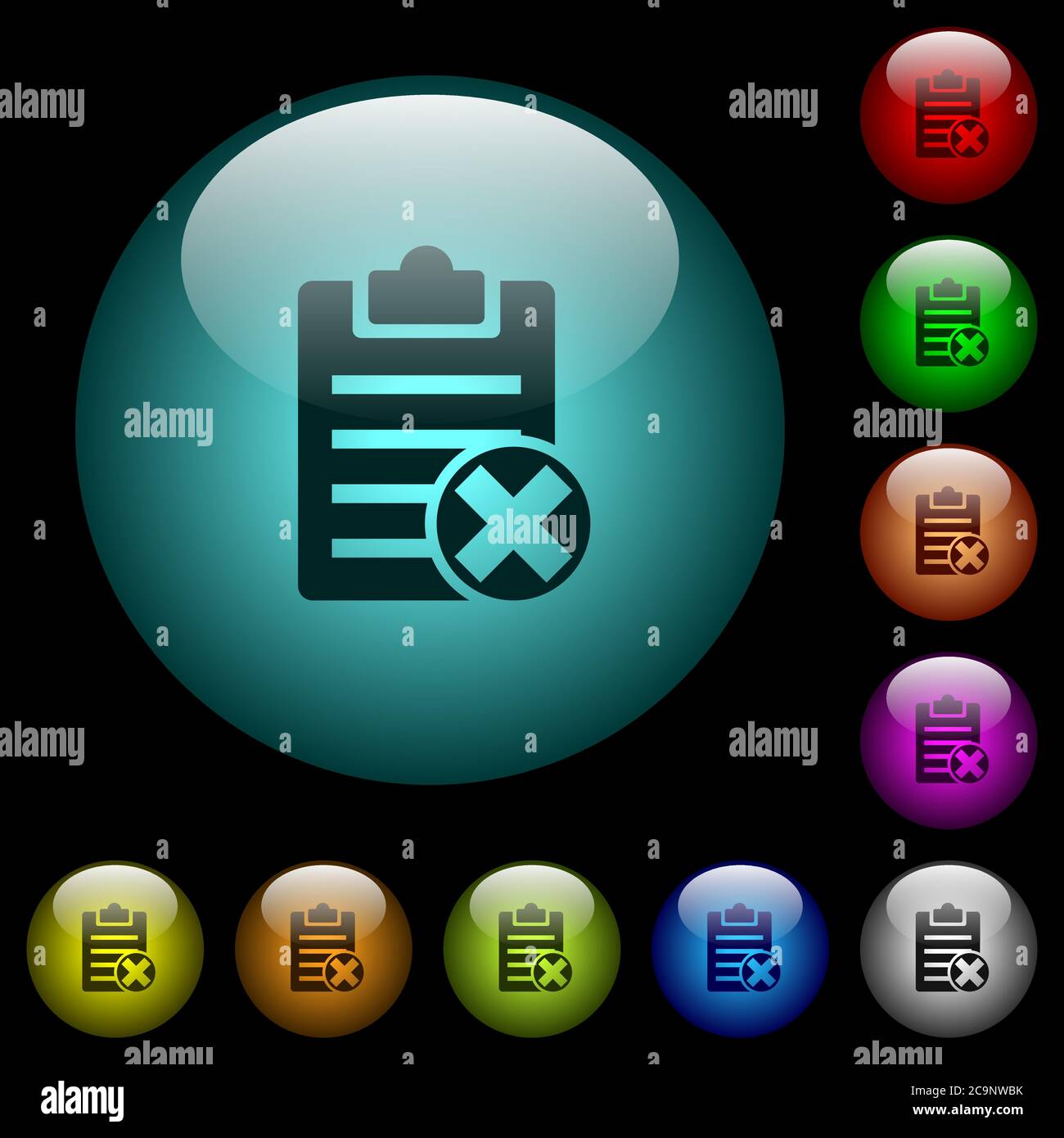 Note cancel icons in color illuminated spherical glass buttons on black ...