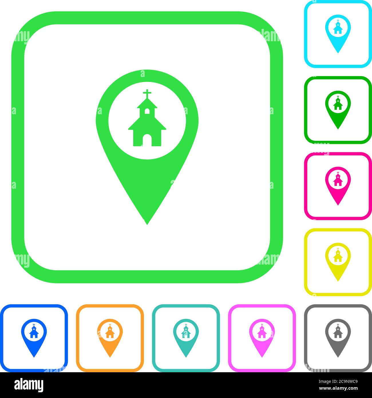 Church GPS map location vivid colored flat icons in curved borders on ...