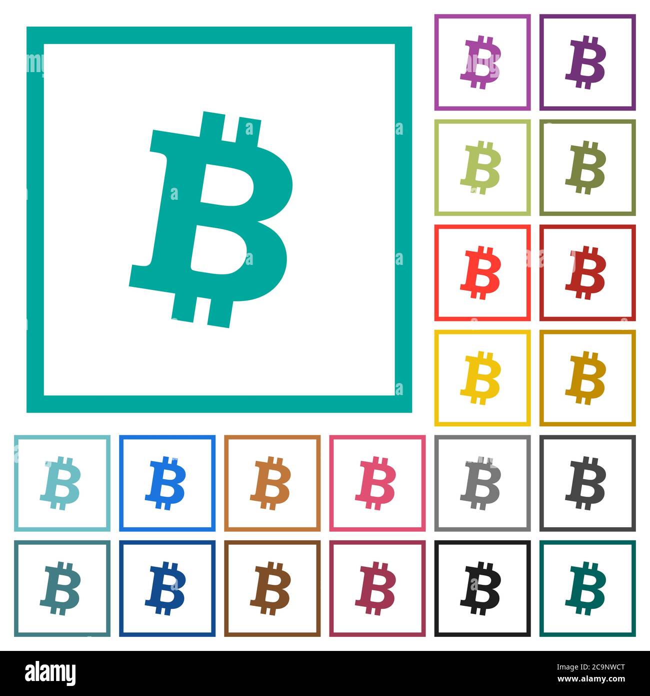 Bitcoin digital cryptocurrency flat color icons with quadrant frames on ...