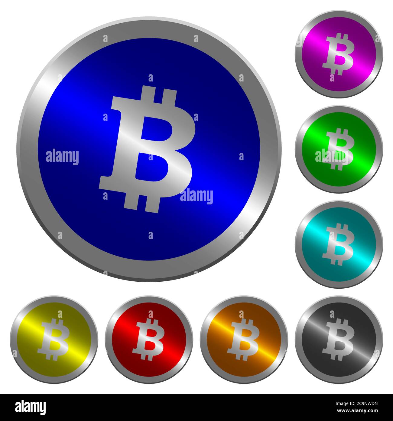 Bitcoin digital cryptocurrency icons on round luminous coin-like color ...