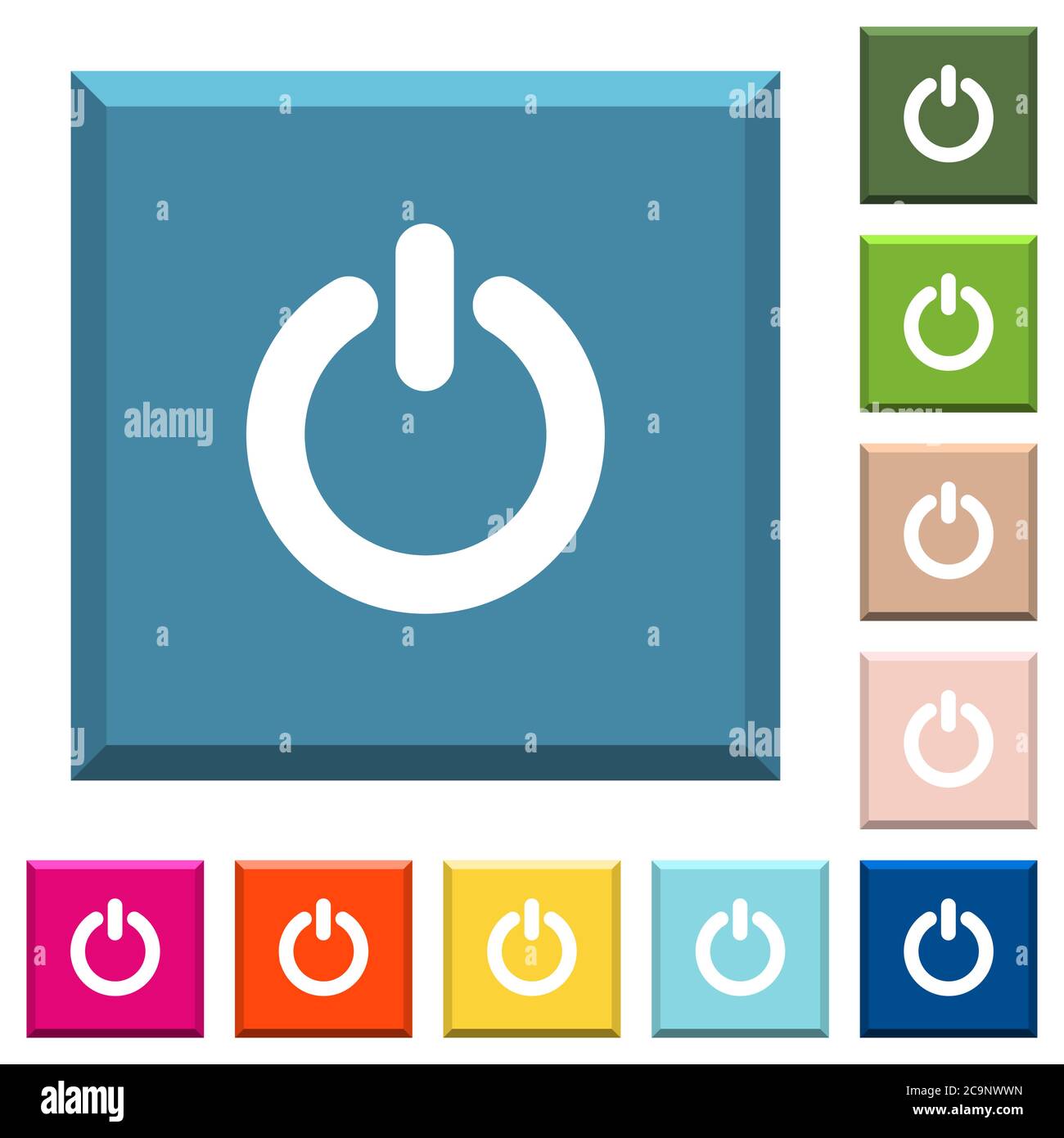 Power switch white icons on edged square buttons in various trendy ...