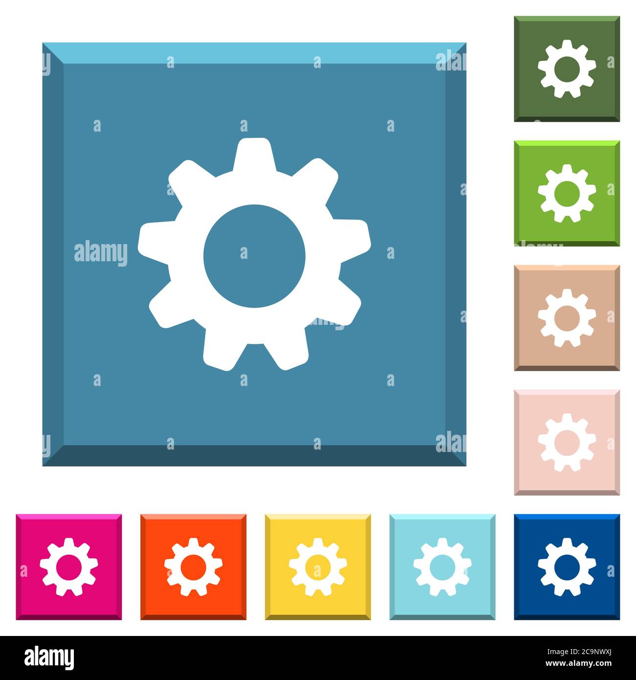 Settings white icons on edged square buttons in various trendy colors ...