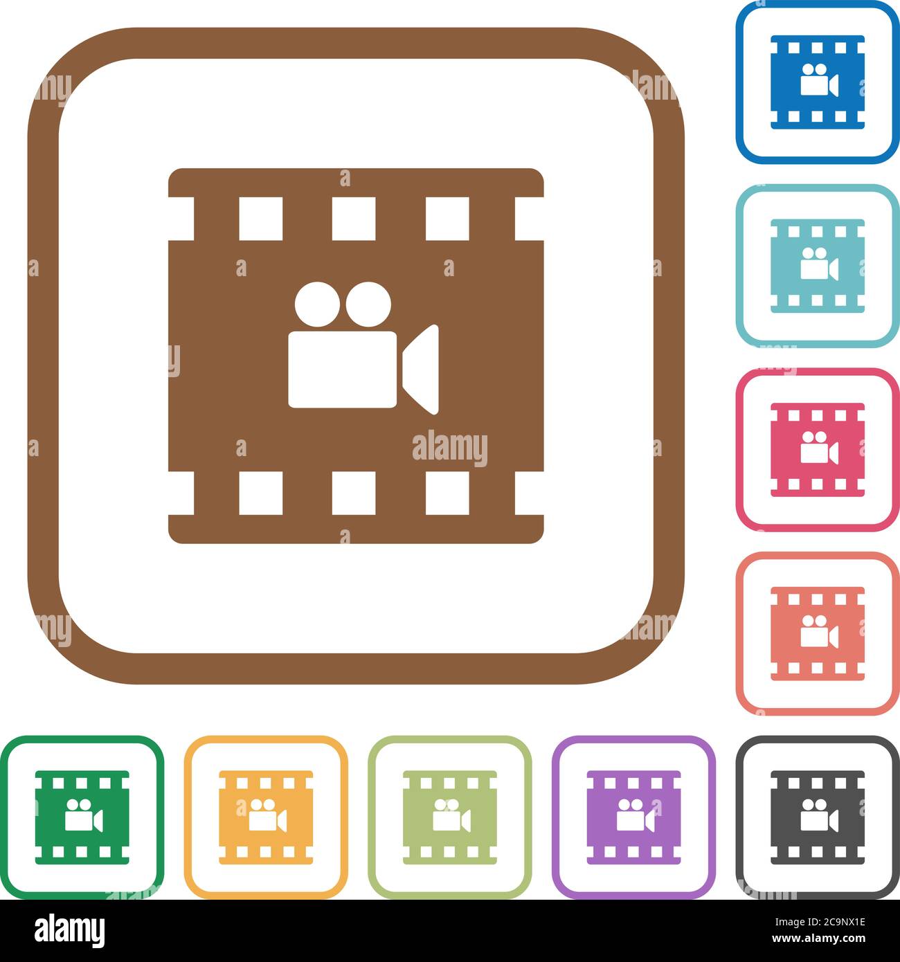 Movie filming simple icons in color rounded square frames on white ...