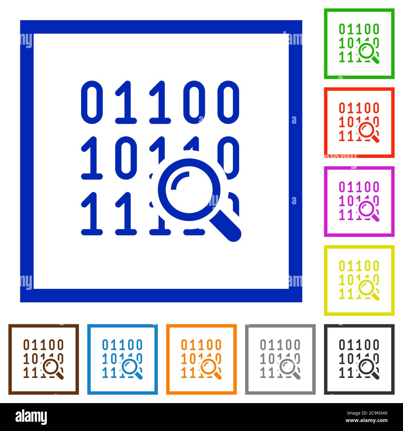 Code analysis flat color icons in square frames on white background ...
