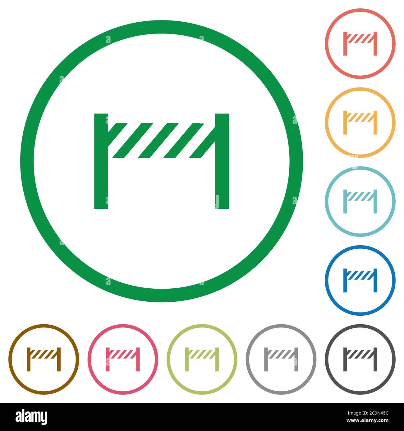 Road closure fence flat color icons in round outlines on white ...