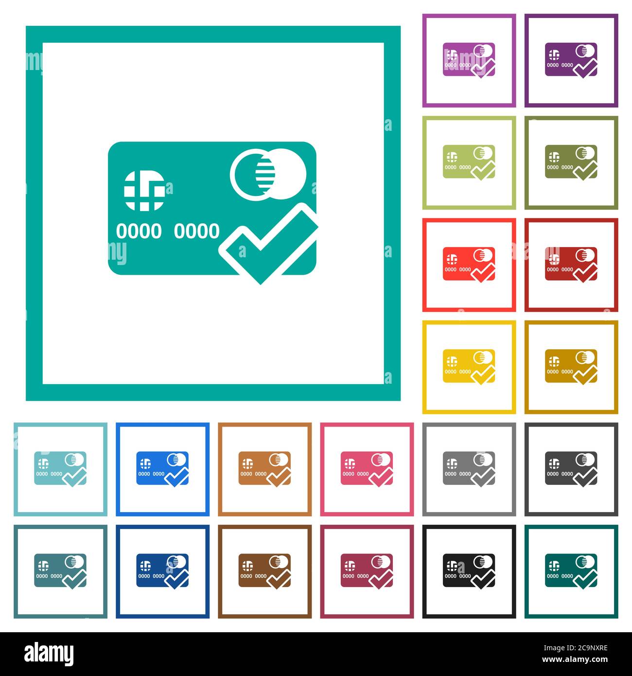 Accept credit card flat color icons with quadrant frames on white ...