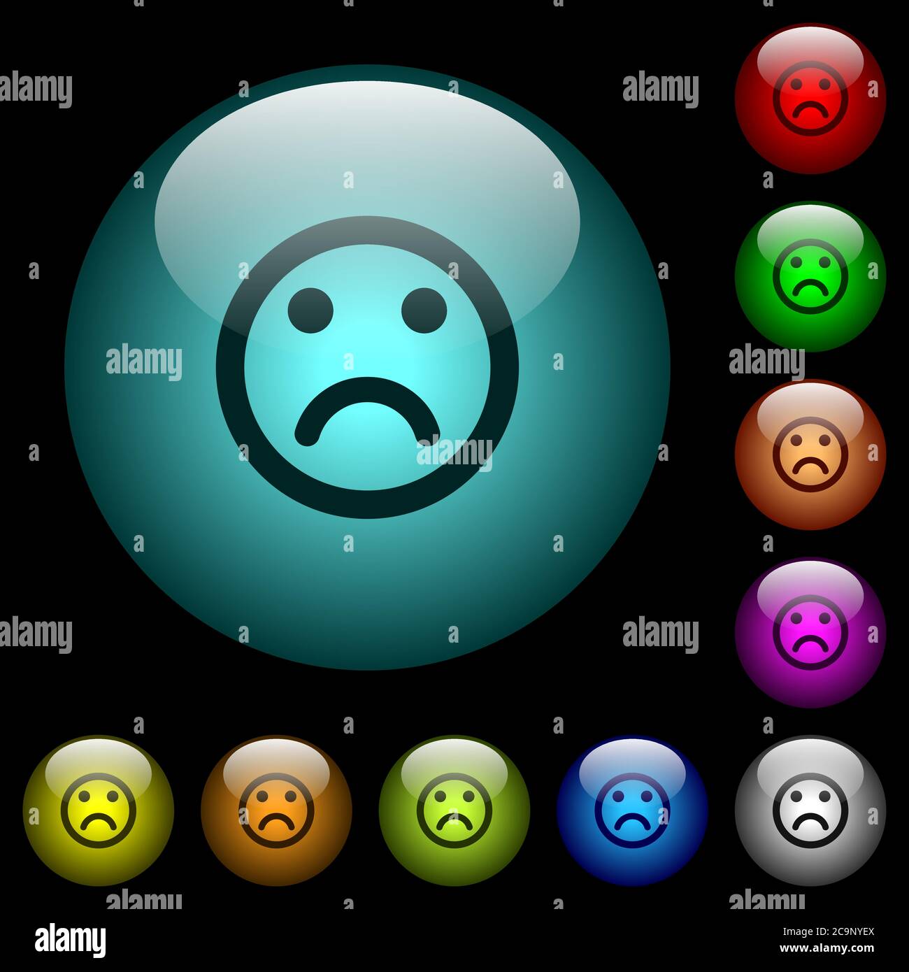 Sad emoticon icons in color illuminated spherical glass buttons on ...