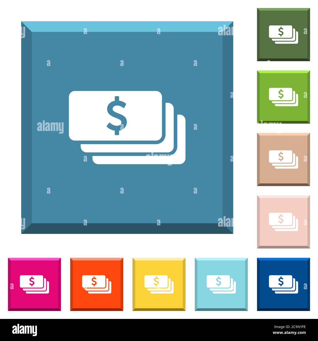 Dollar banknotes white icons on edged square buttons in various trendy ...