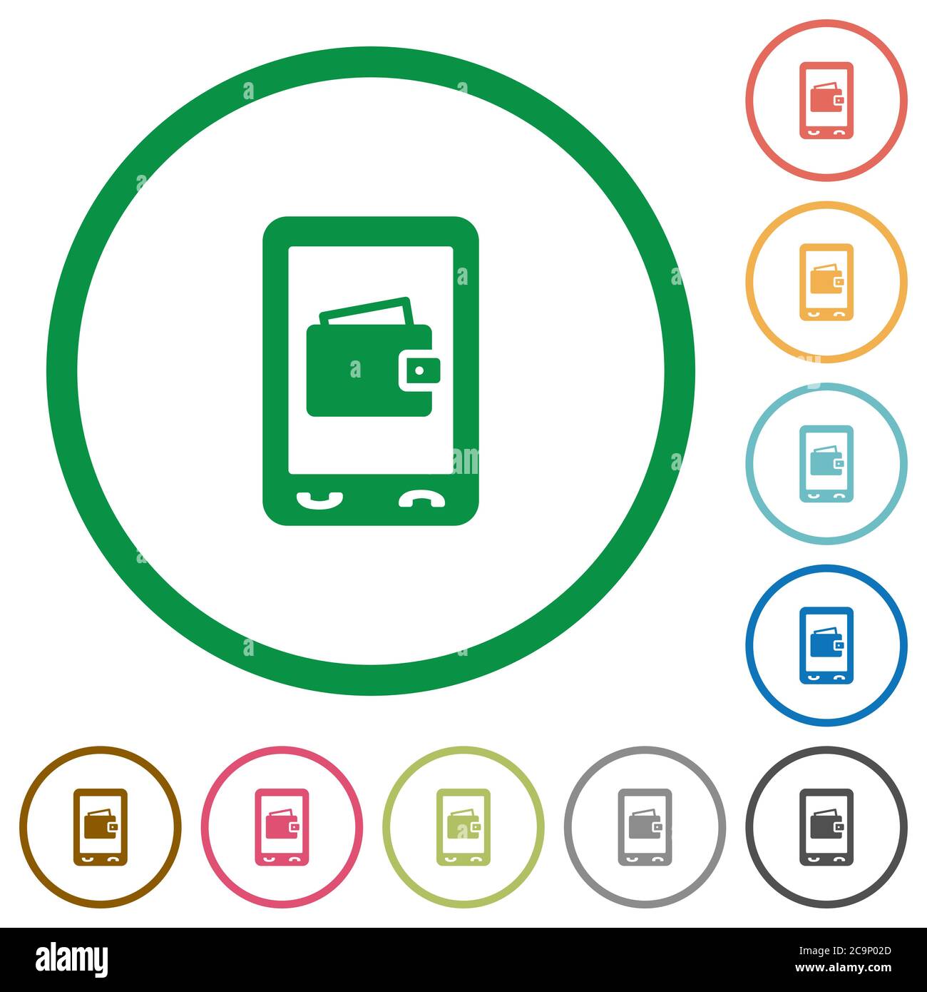 Mobile wallet flat color icons in round outlines on white background ...