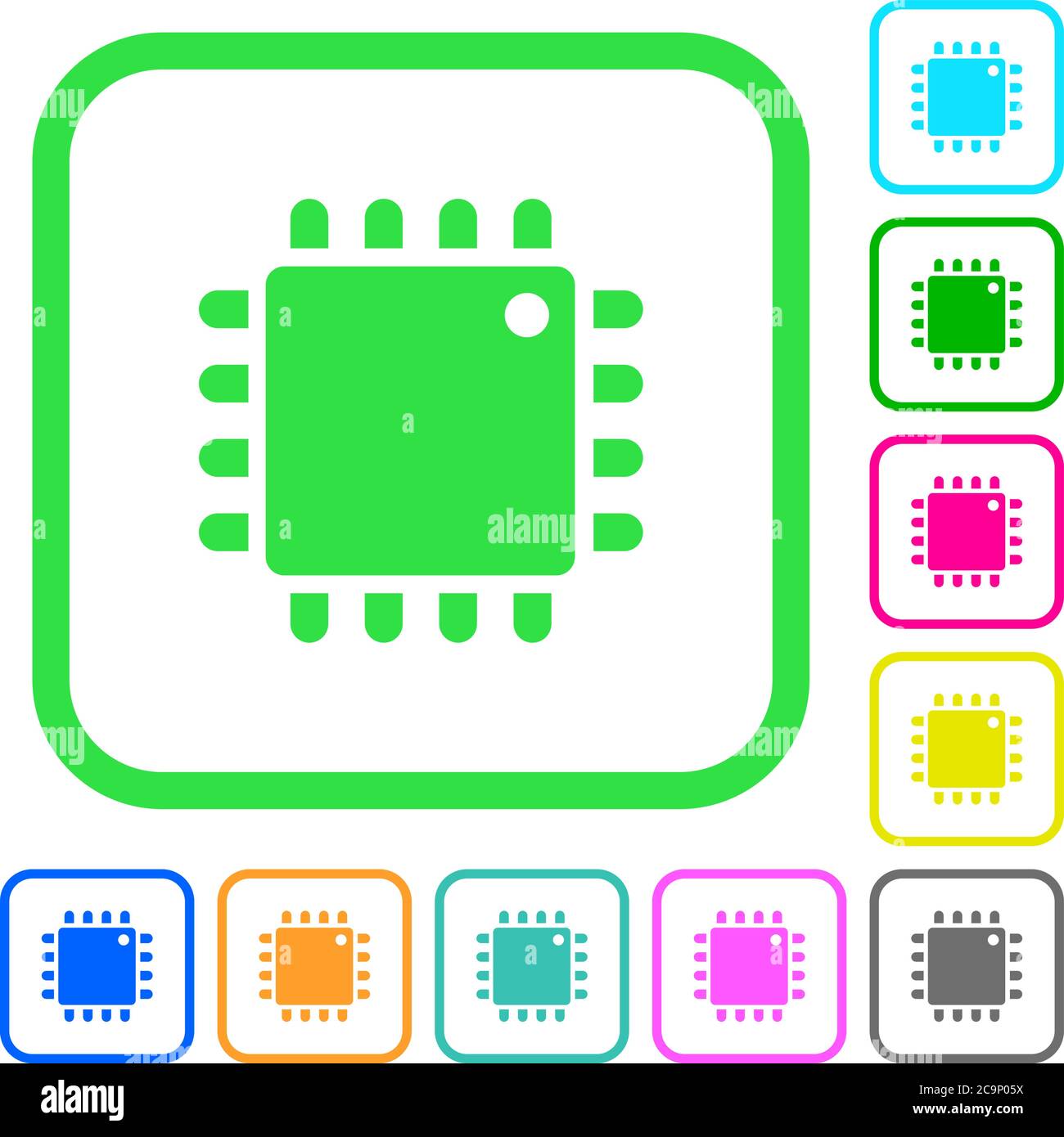 Computer processor vivid colored flat icons in curved borders on white ...