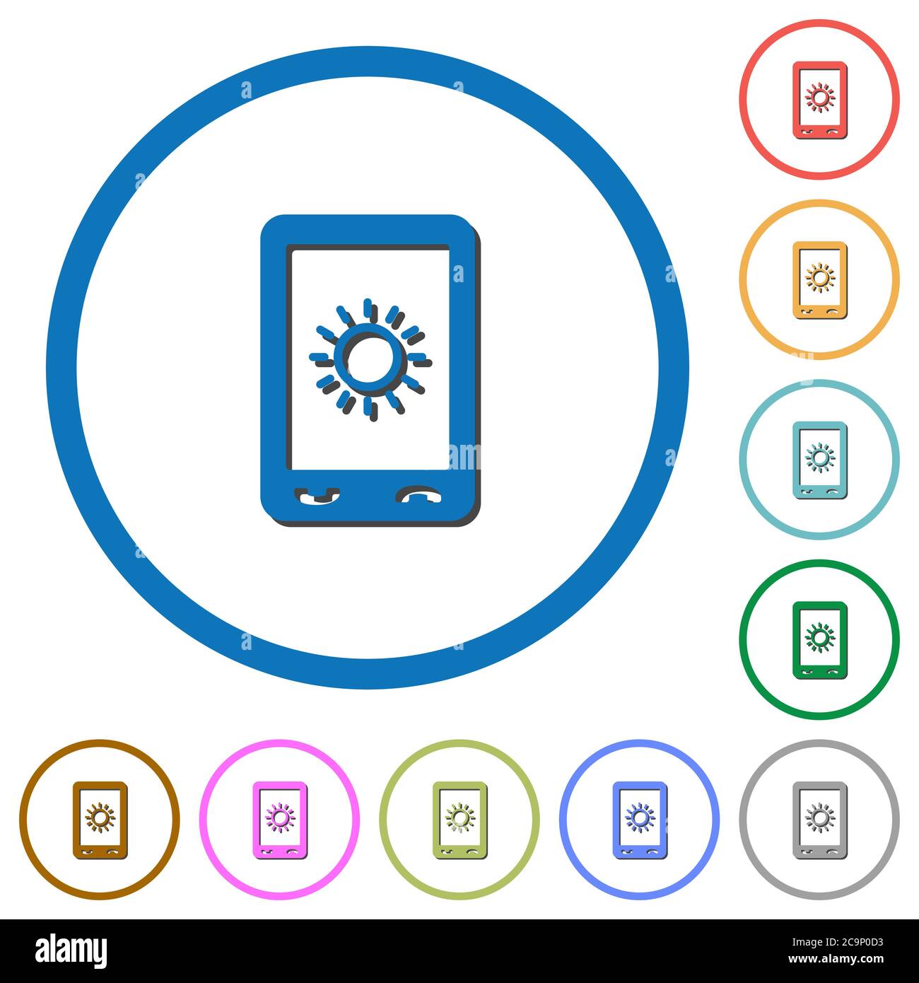 Mobile display brightness flat color vector icons with shadows in round ...