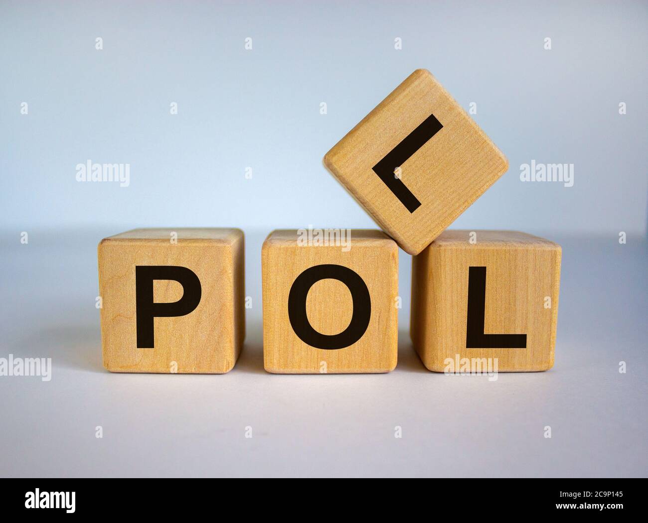 Wood cubes with word 'poll' on white background, copy space. Concept ...