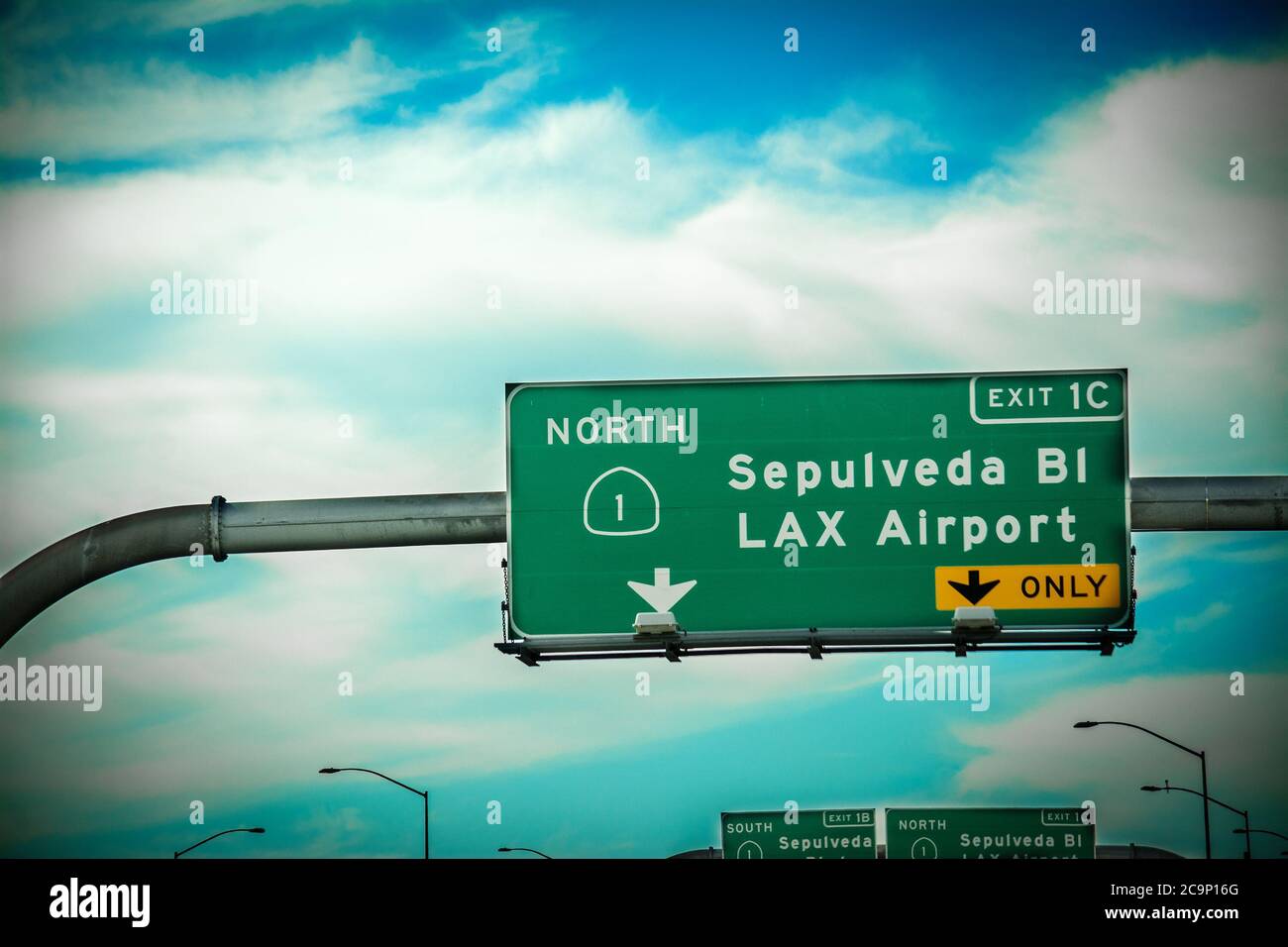Sepulveda blvd and LAX airport road sign on the freeway in Los Angeles ...