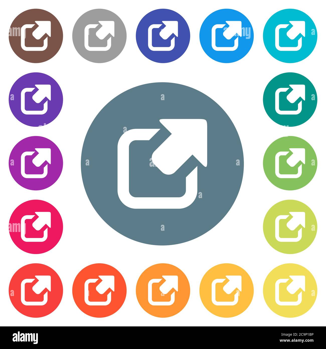 Export symbol with upper right arrow flat white icons on round color ...