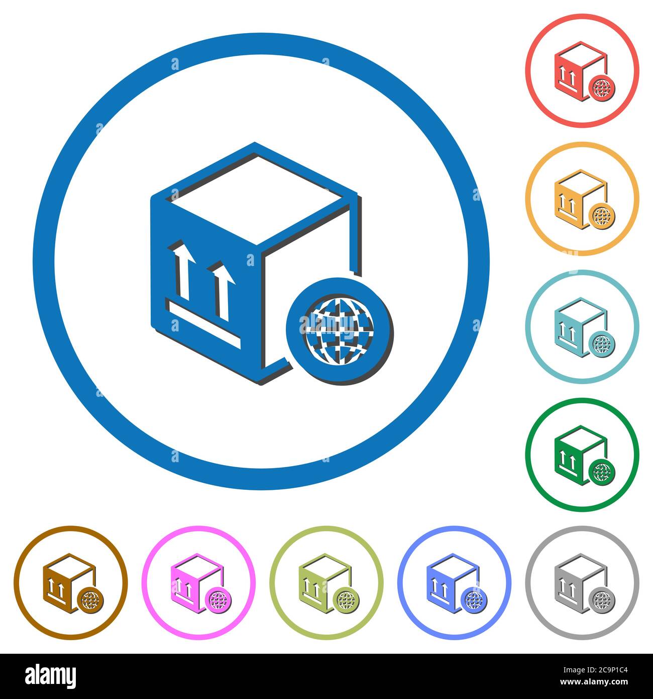 Worldwide package transportation flat color vector icons with shadows ...