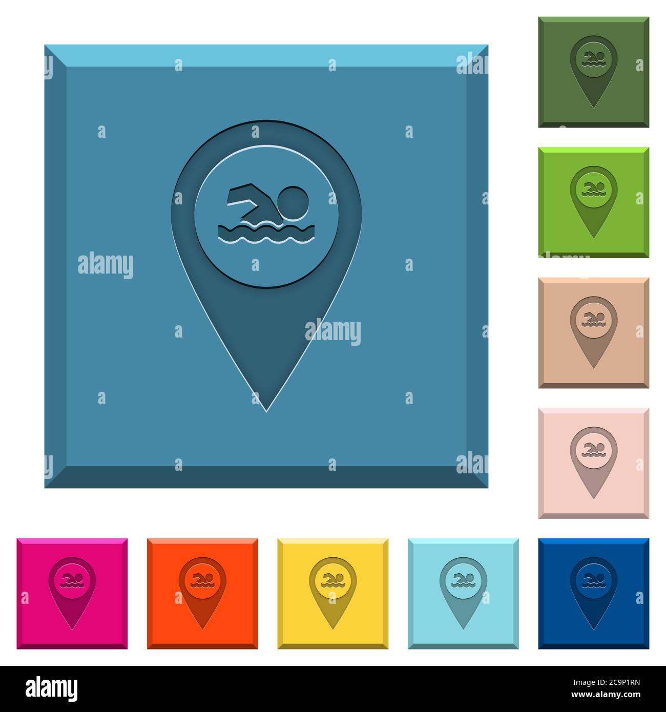 Swimming pool GPS map location engraved icons on edged square buttons ...