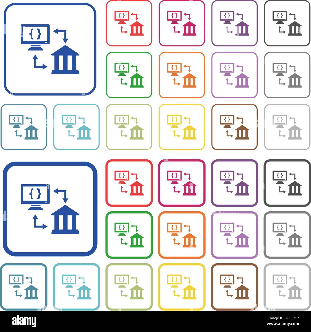 Open banking API color flat icons in rounded square frames. Thin and ...
