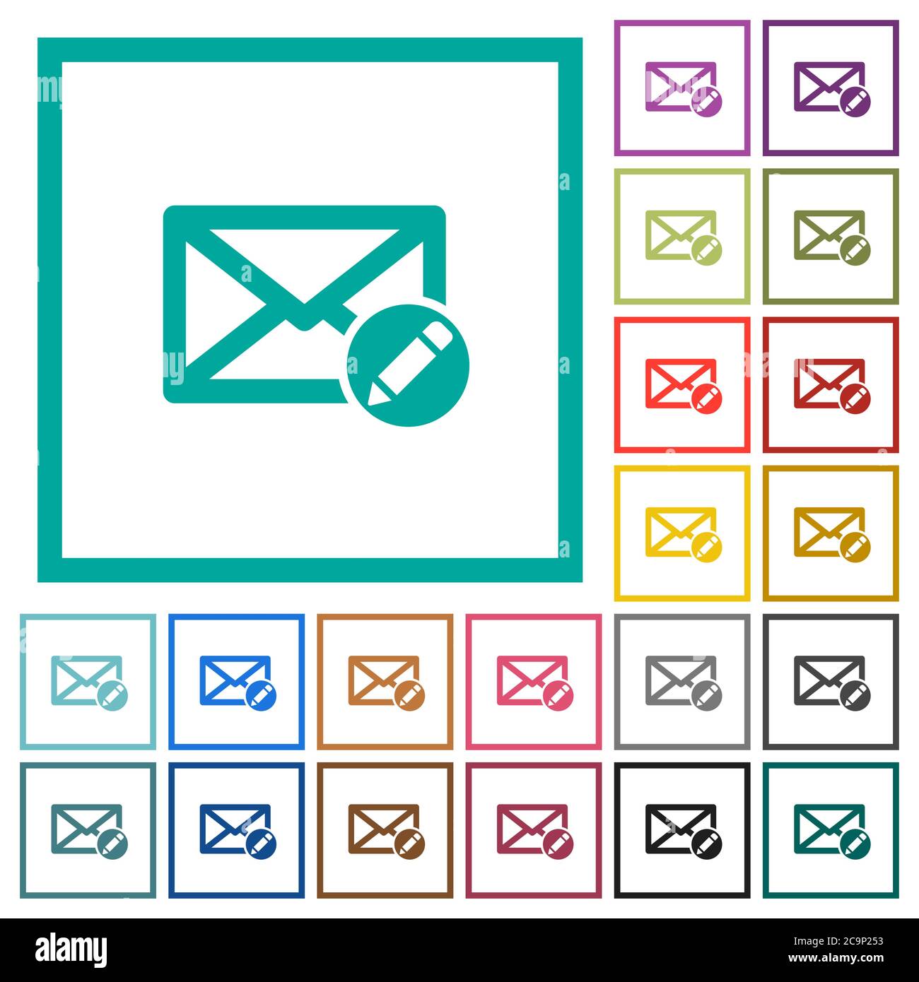 Write mail flat color icons with quadrant frames on white background ...