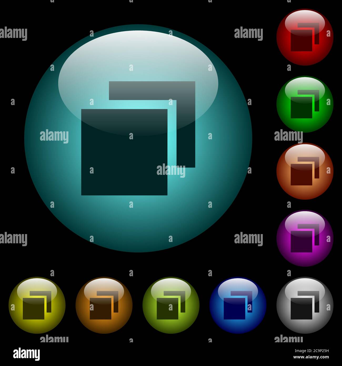 Overlapping elements icons in color illuminated spherical glass buttons ...