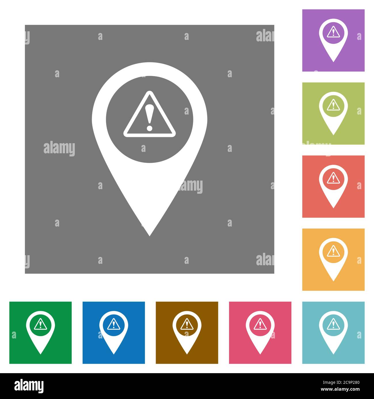 GPS map location warning flat icons on simple color square backgrounds ...