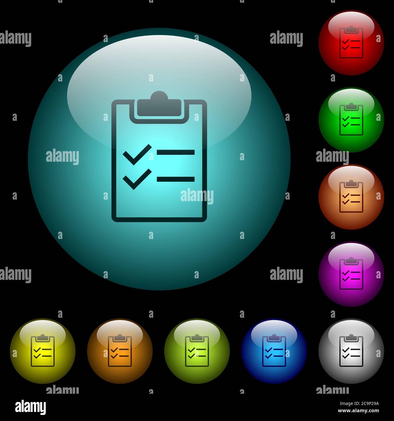Checklist icons in color illuminated spherical glass buttons on black ...