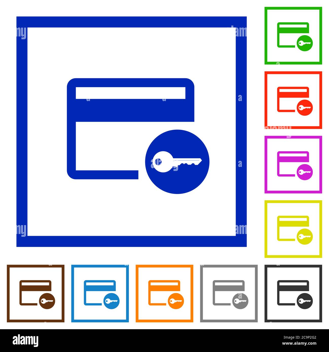 Credit card access flat color icons in square frames on white ...