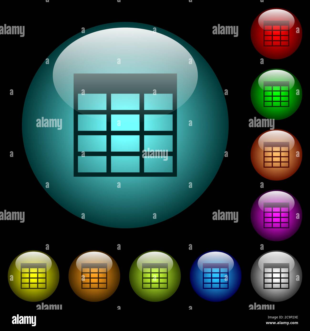 Spreadsheet table icons in color illuminated spherical glass buttons on ...