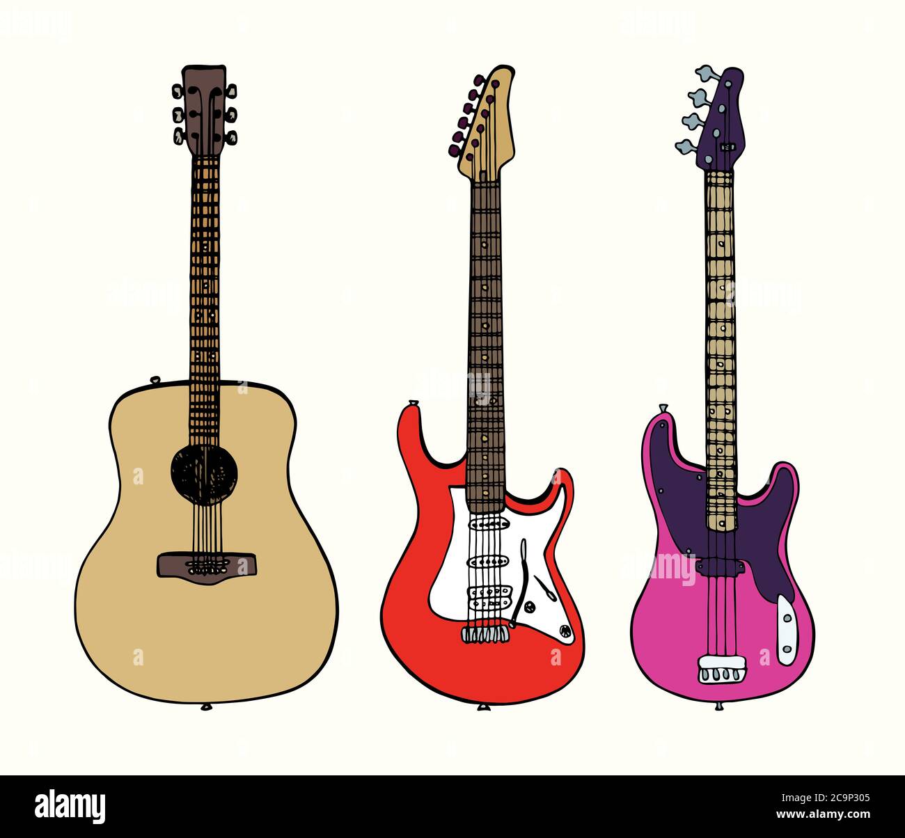 Guitars collection, acoustic, electro and bass guitar, hand drawn ... Guitars collection, acoustic, electro and bass guitar, hand drawn ...