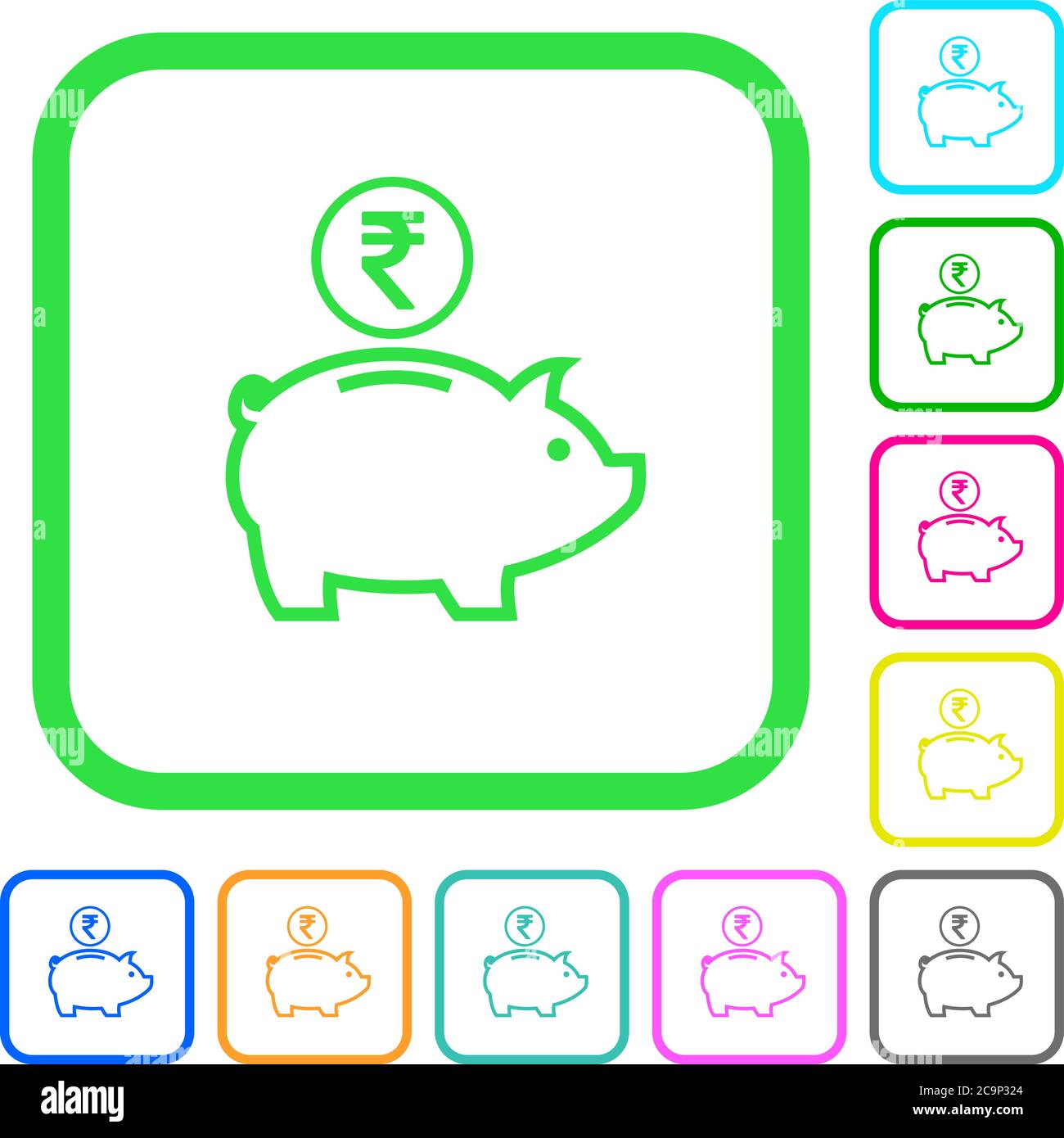 Indian Rupee piggy bank vivid colored flat icons in curved borders on ...